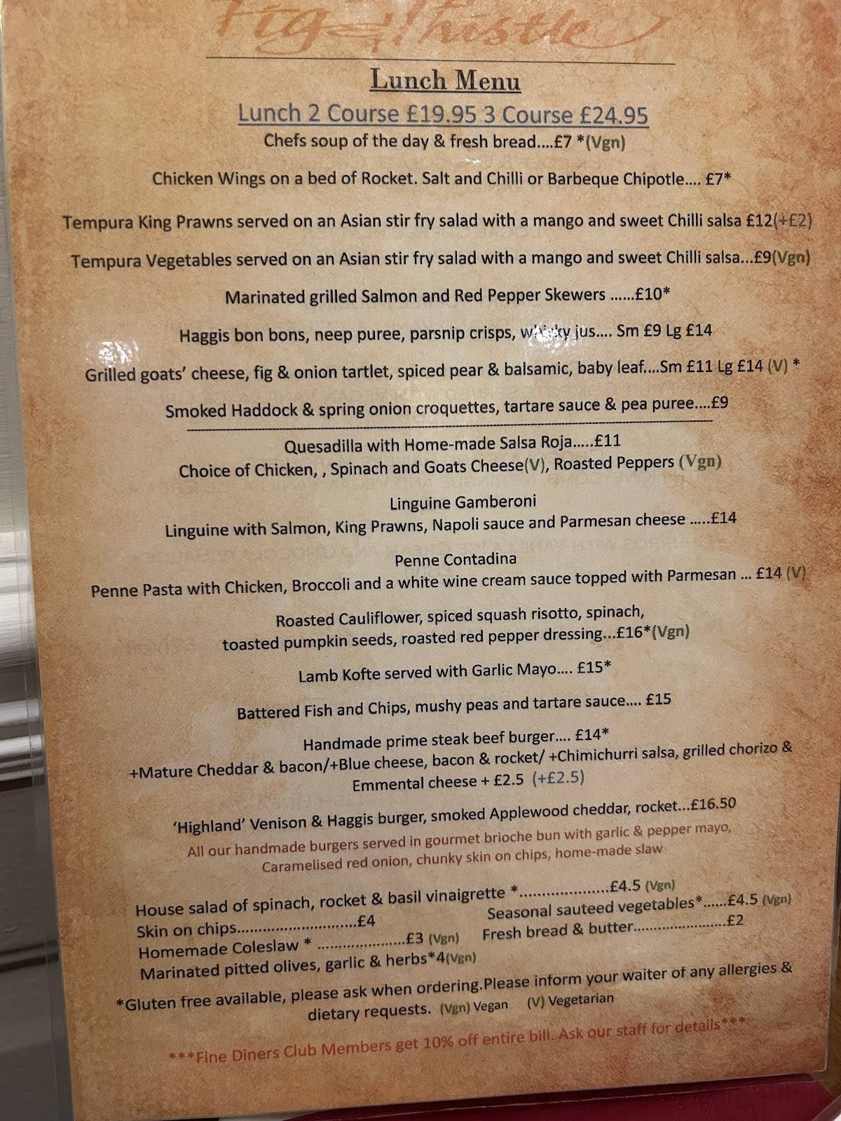 Menu at Fig & Thistle restaurant, Inverness