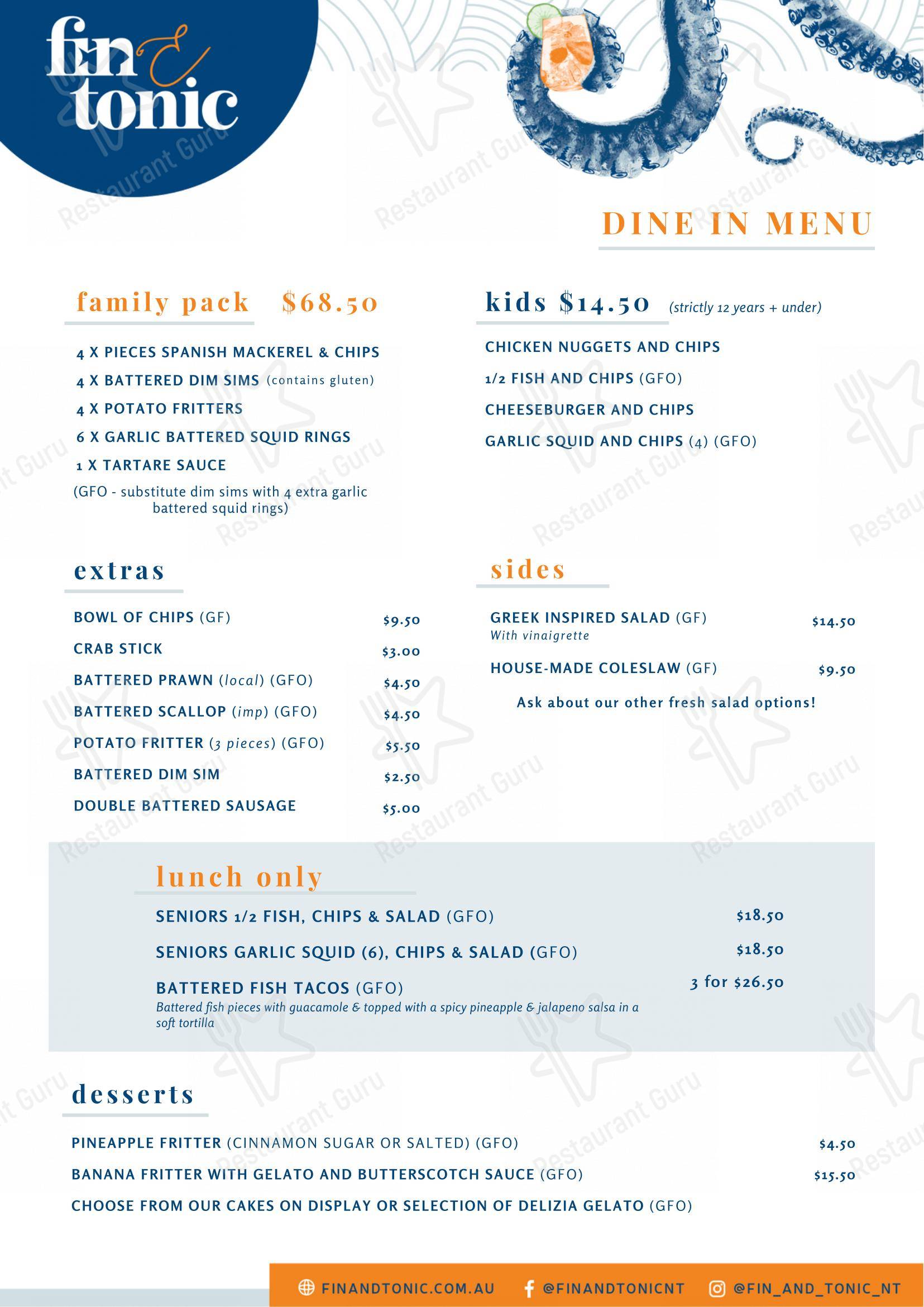 Menu at Fin & Tonic NT restaurant, Larrakeyah
