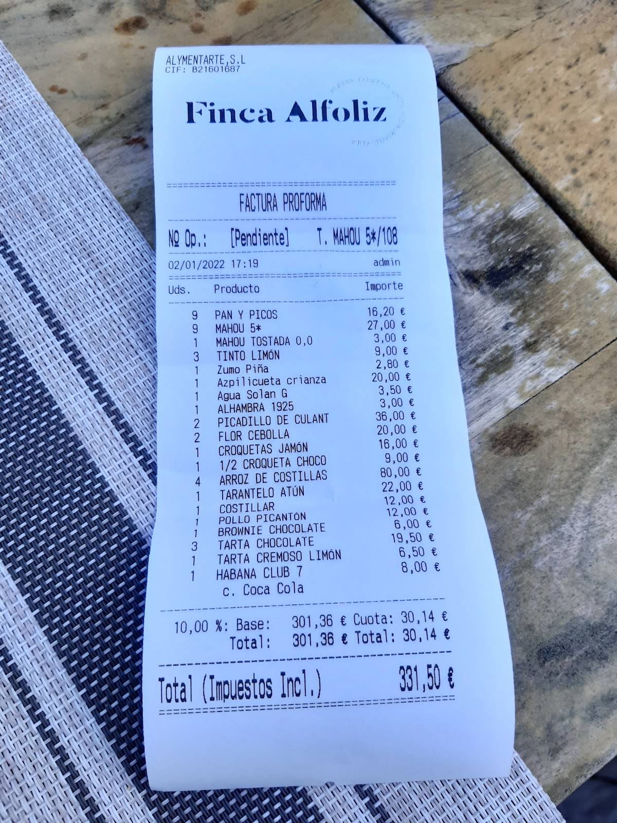 Carta de Restaurante Finca Alfoliz, Aljaraque