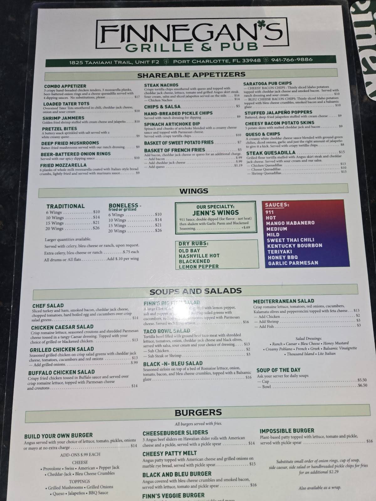 Menu at Finnegans Grill Pub, Port Charlotte