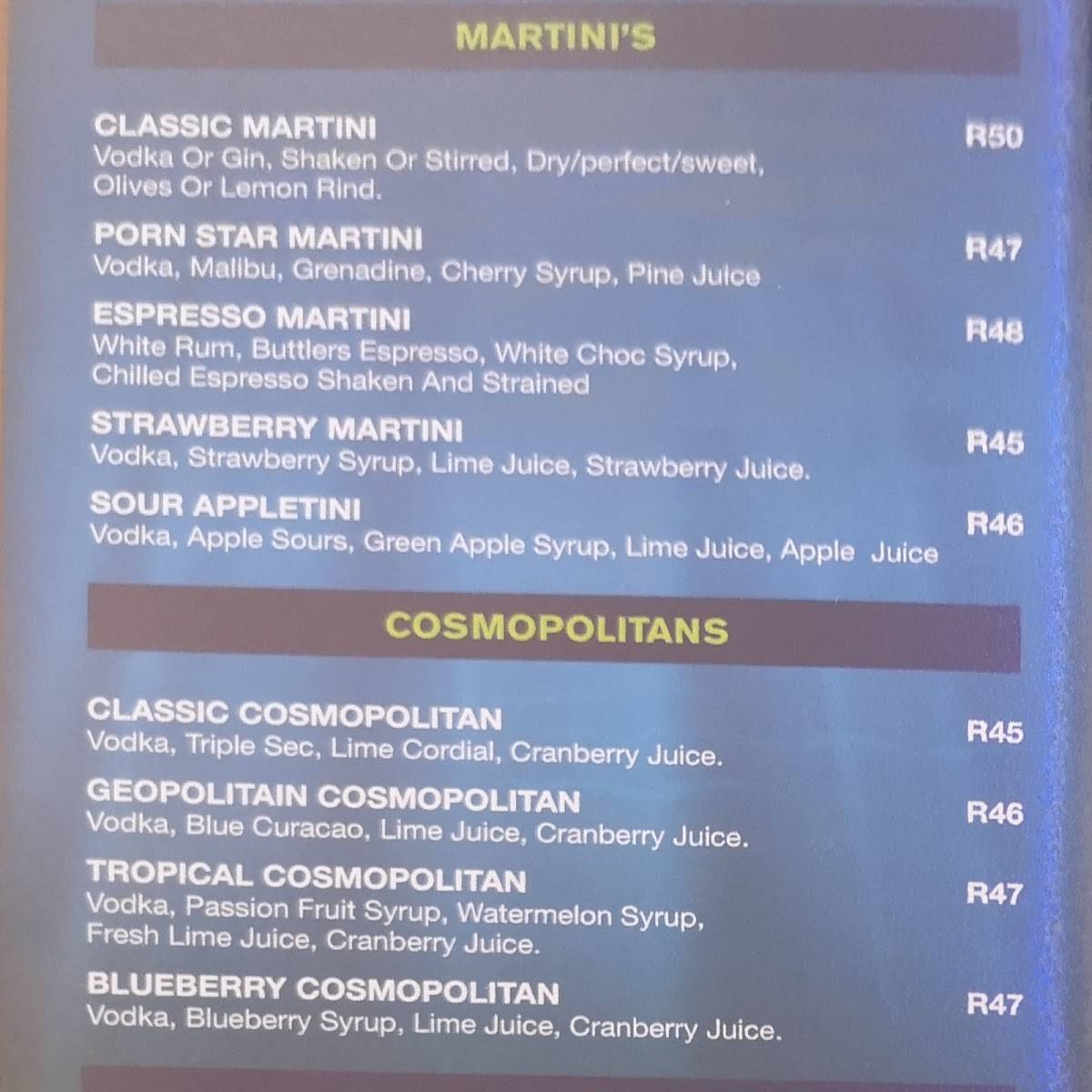 Menu at Finnezz Restaurant & Cocktail Cafe, Port Elizabeth, 7 Oakworth Road