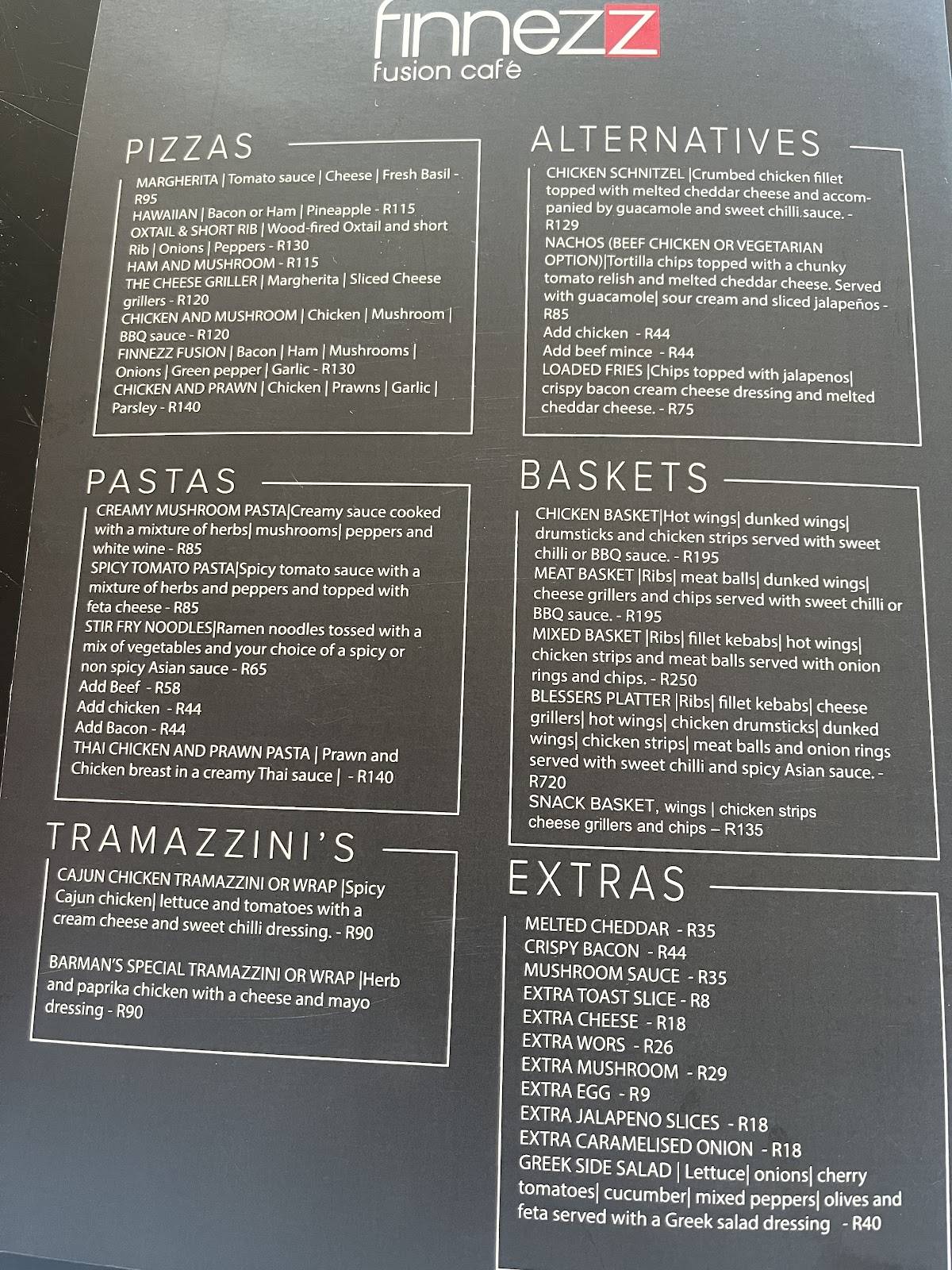 Menu at Finnezz Restaurant & Cocktail Cafe, Port Elizabeth, 7 Oakworth Road