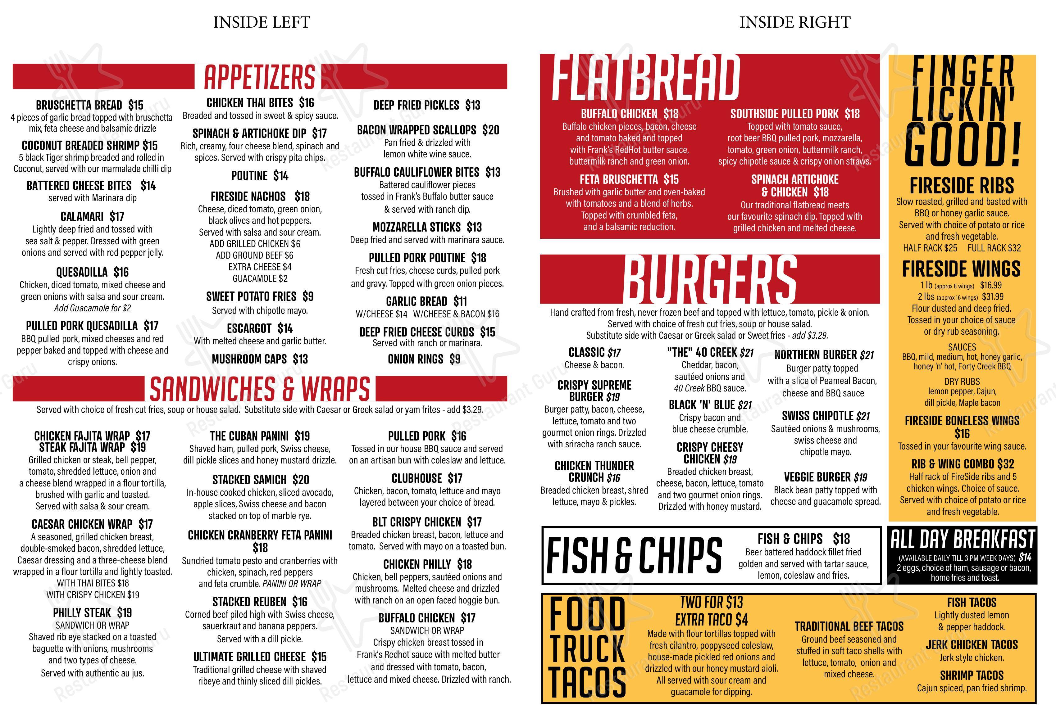 Menu at FireSide Classic Grill restaurant, Elliot Lake
