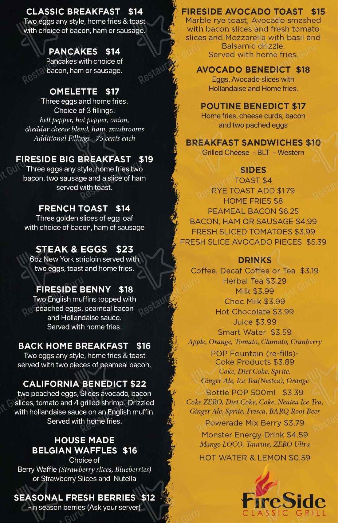 Menu at FireSide Classic Grill restaurant, Elliot Lake