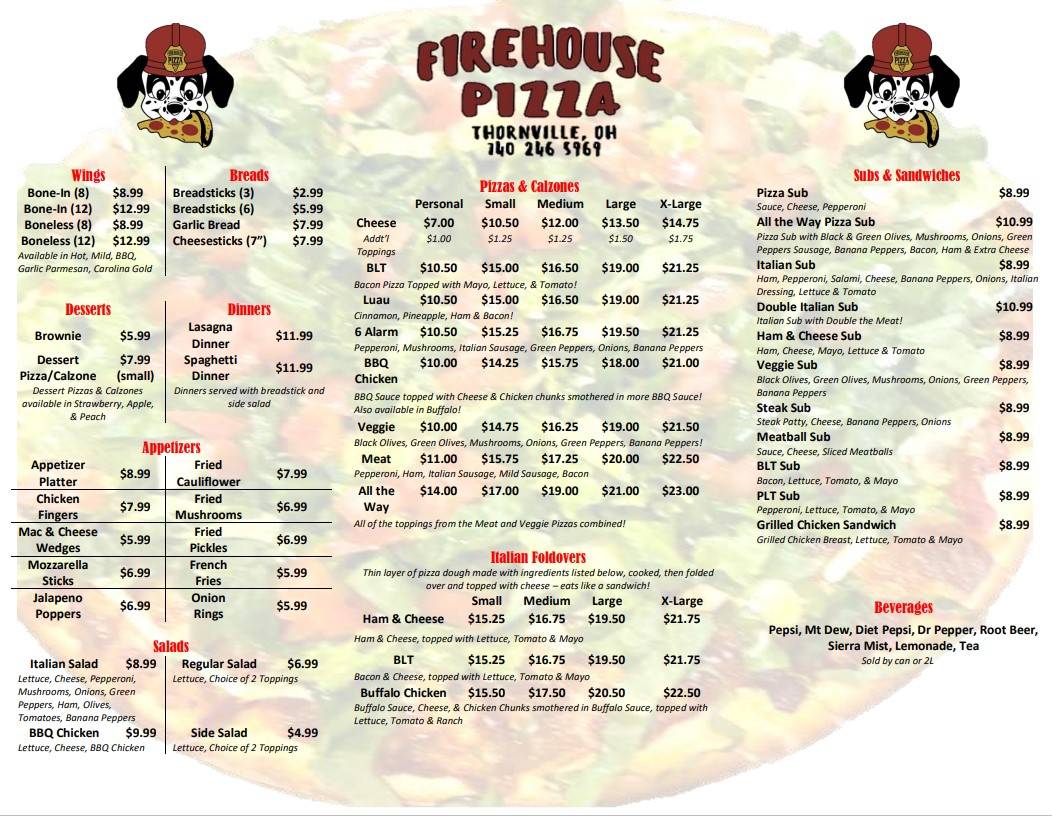Menu at Firehouse Pizza pizzeria, Thornville