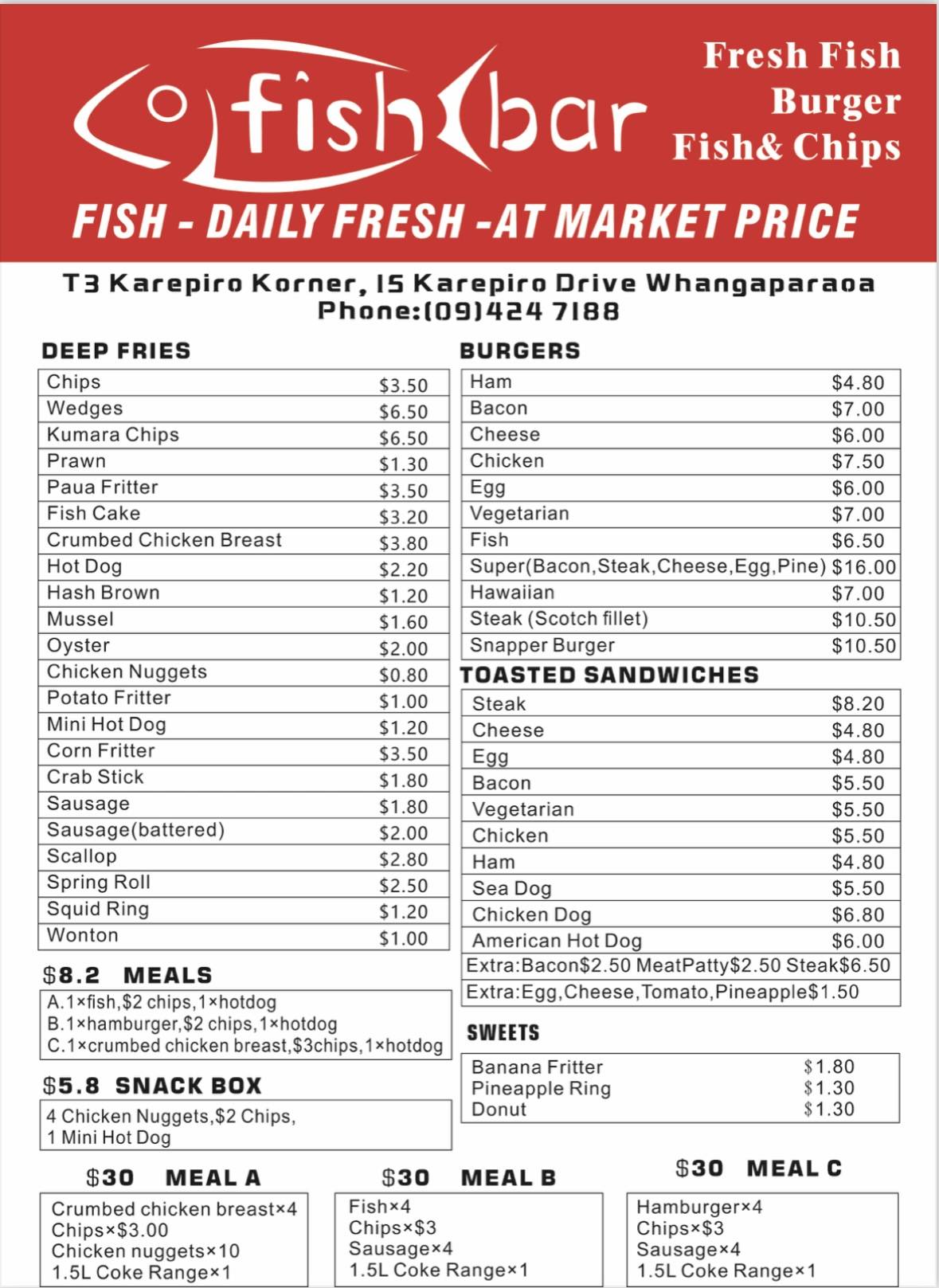 Menu at Fish Bar, Auckland