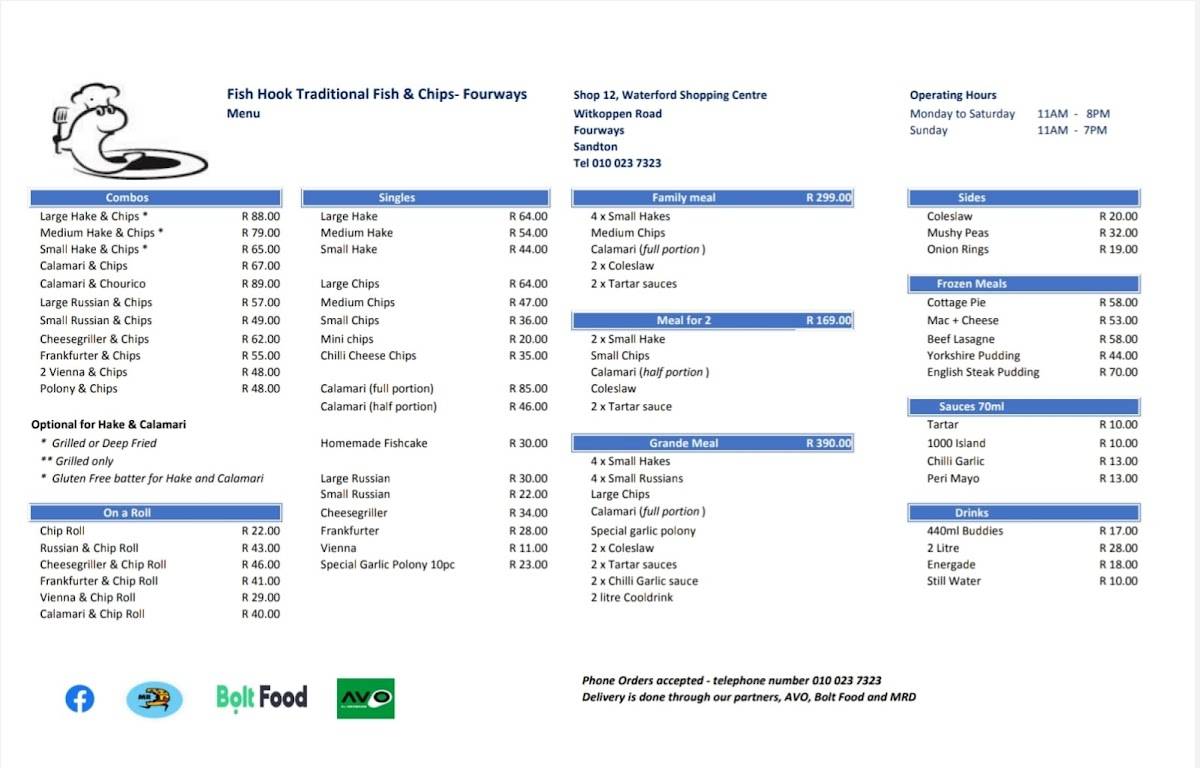 Menu at Fish Hook Fourways - Traditional Fish and Chips restaurant ...