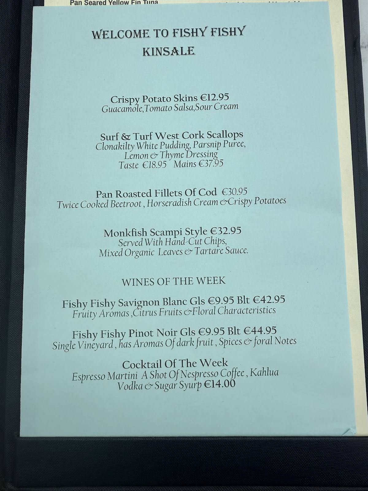 Menu at Fishy Fishy Kinsale restaurant, Kinsale, Crowleys Quay