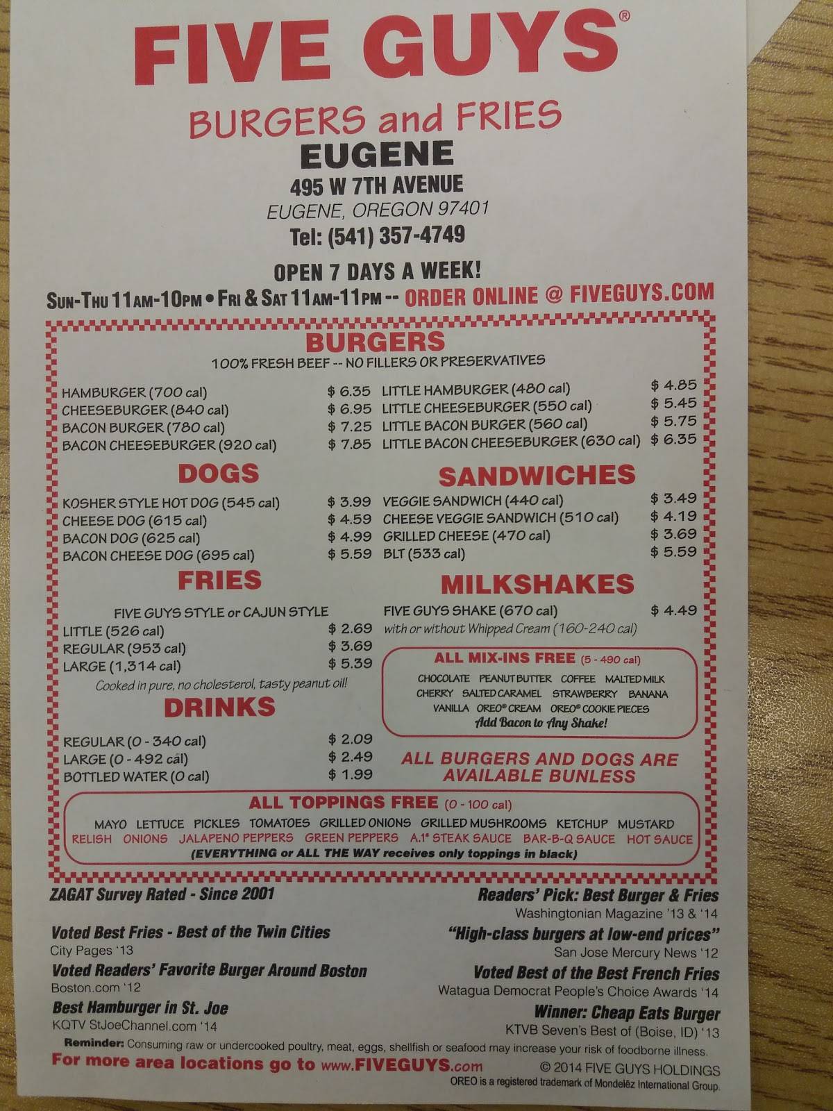Menu at Five Guys fast food, Eugene, 495 W 7th Ave #100