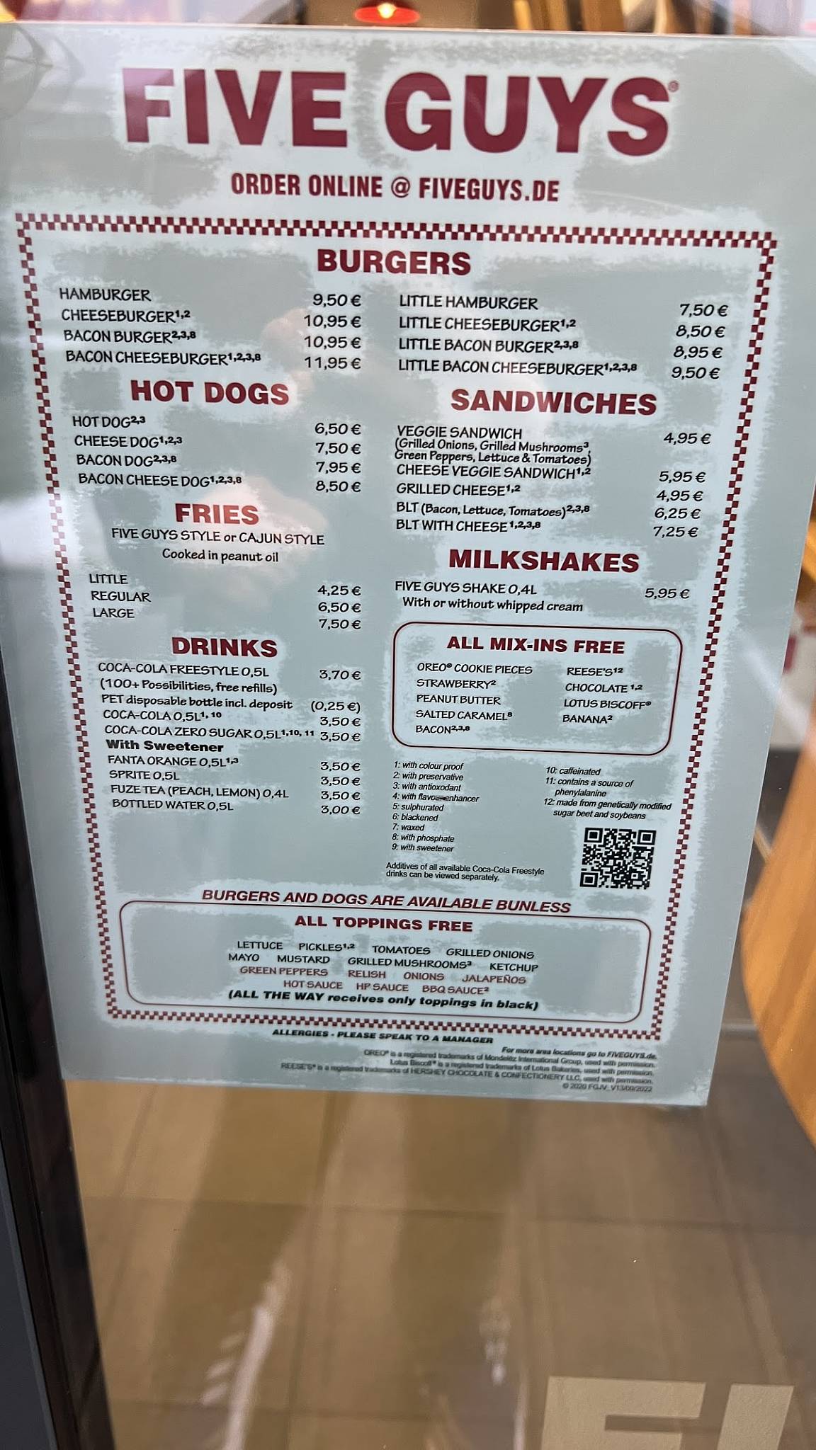 Speisekarte von Five Guys Ramstein Air Base restaurant, Ramstein-Miesenbach