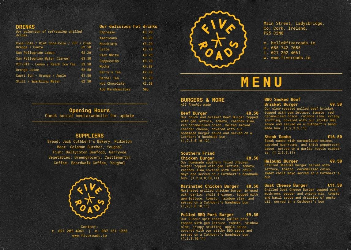 Menu at Five Roads restaurant, Ladysbridge