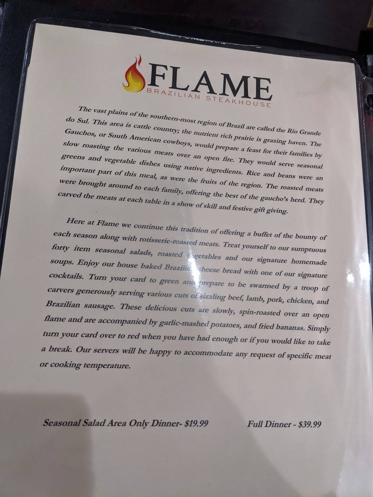 Menu at Flame Brazilian Steakhouse, Shawnee