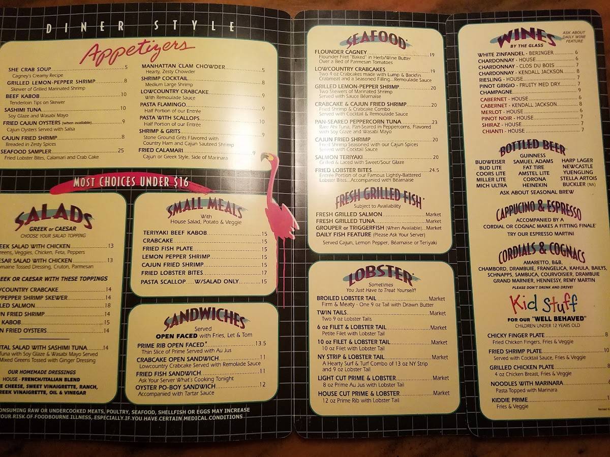 Menu at Flamingo Grill steakhouse, Myrtle Beach, N Kings