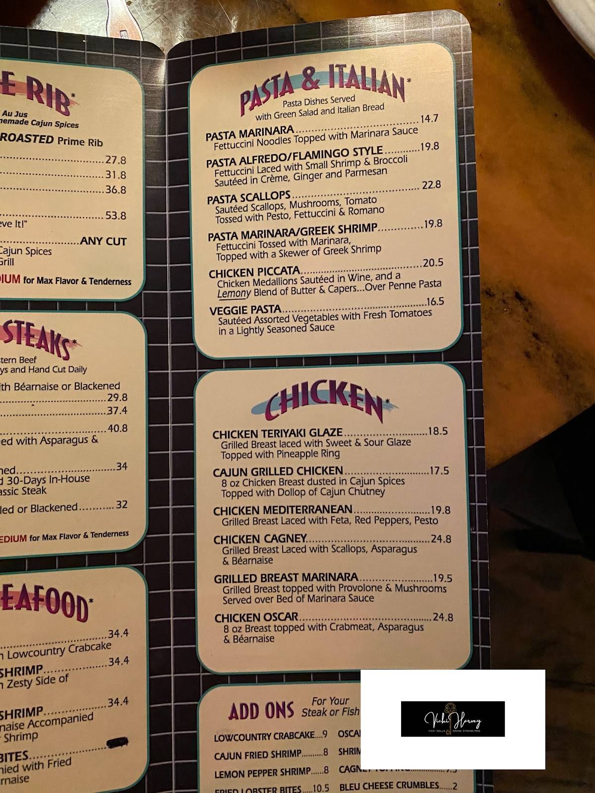 Menu at Flamingo Grill steakhouse, Myrtle Beach, N Kings