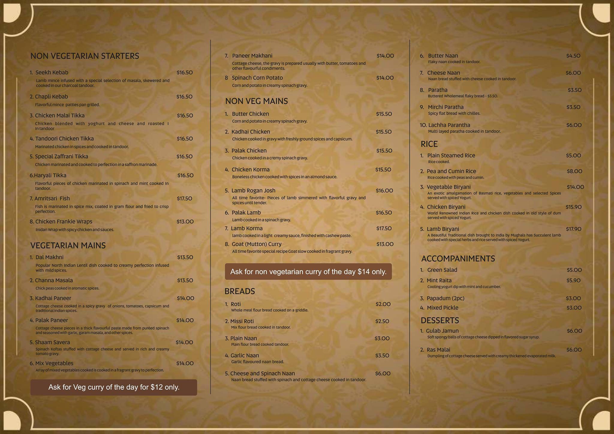 Menu at Flavours of Indus Indian Restaurant, Melbourne