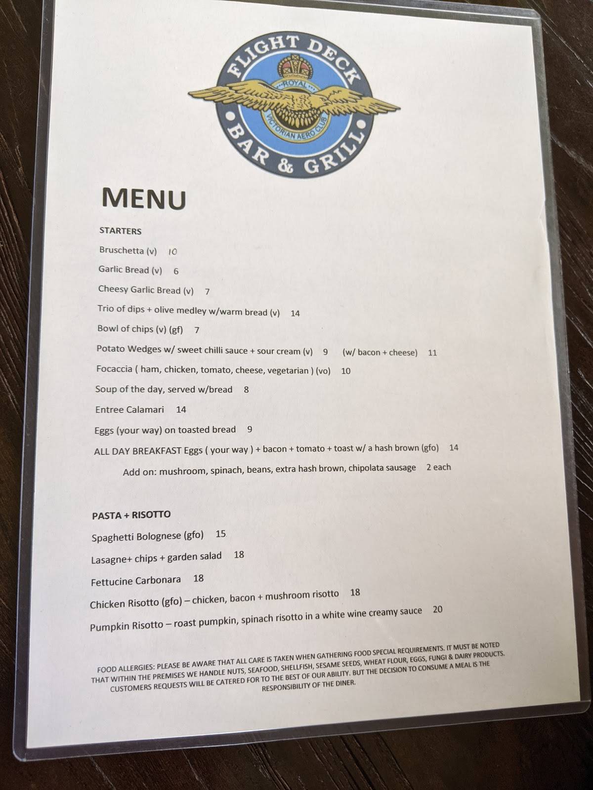 Menu at Flight Deck Bar & Grill, Moorabbin Airport