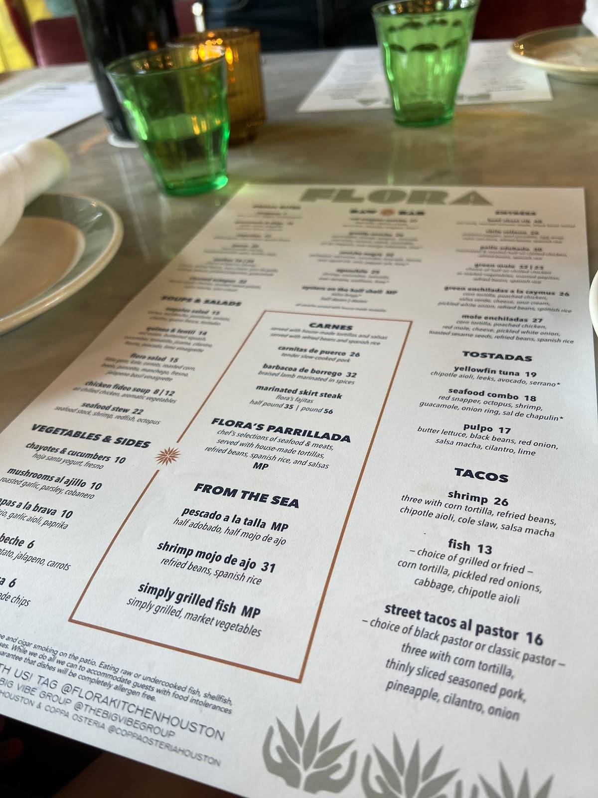 Menu at Flora restaurant, Houston