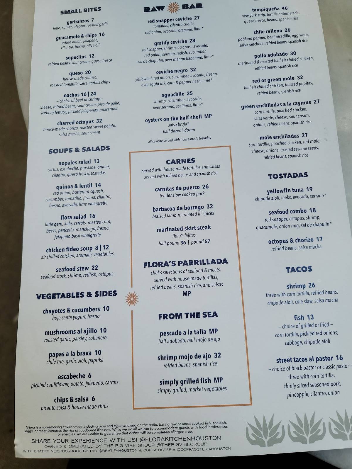 Menu at Flora restaurant, Houston