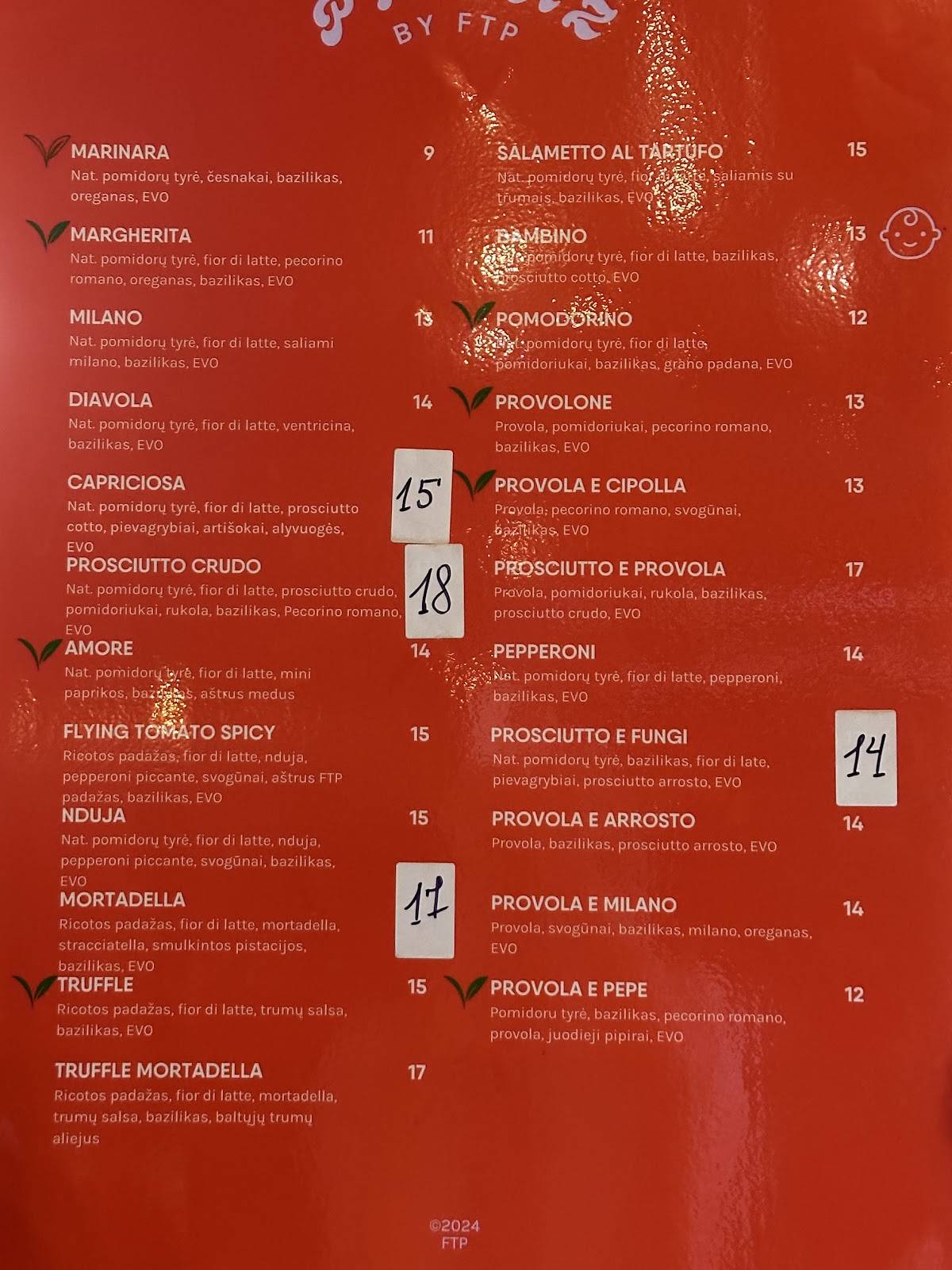 Menu at Flying Tomato Pizza restaurant, Vilnius