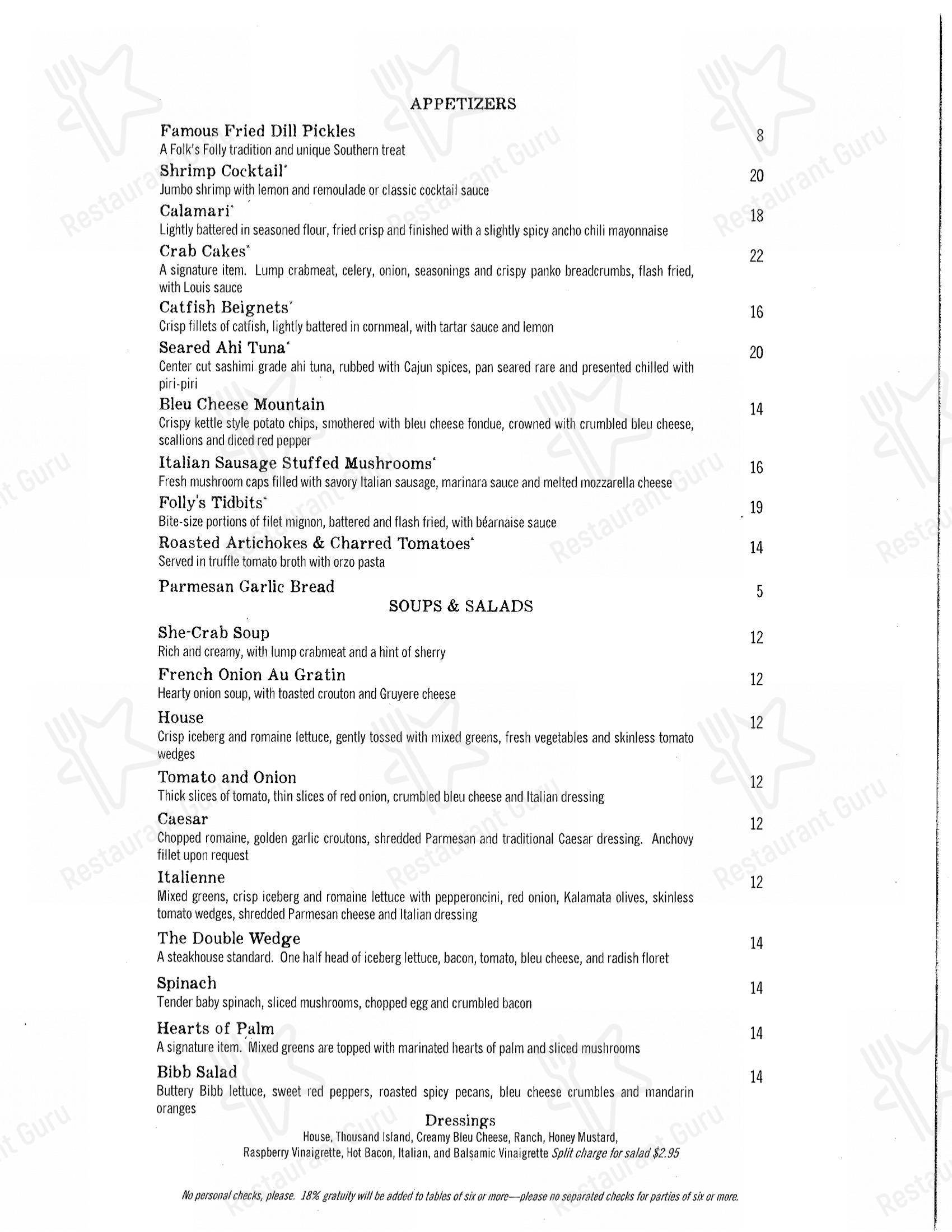 Menu at Folk's Folly Prime Steak House steakhouse, Memphis