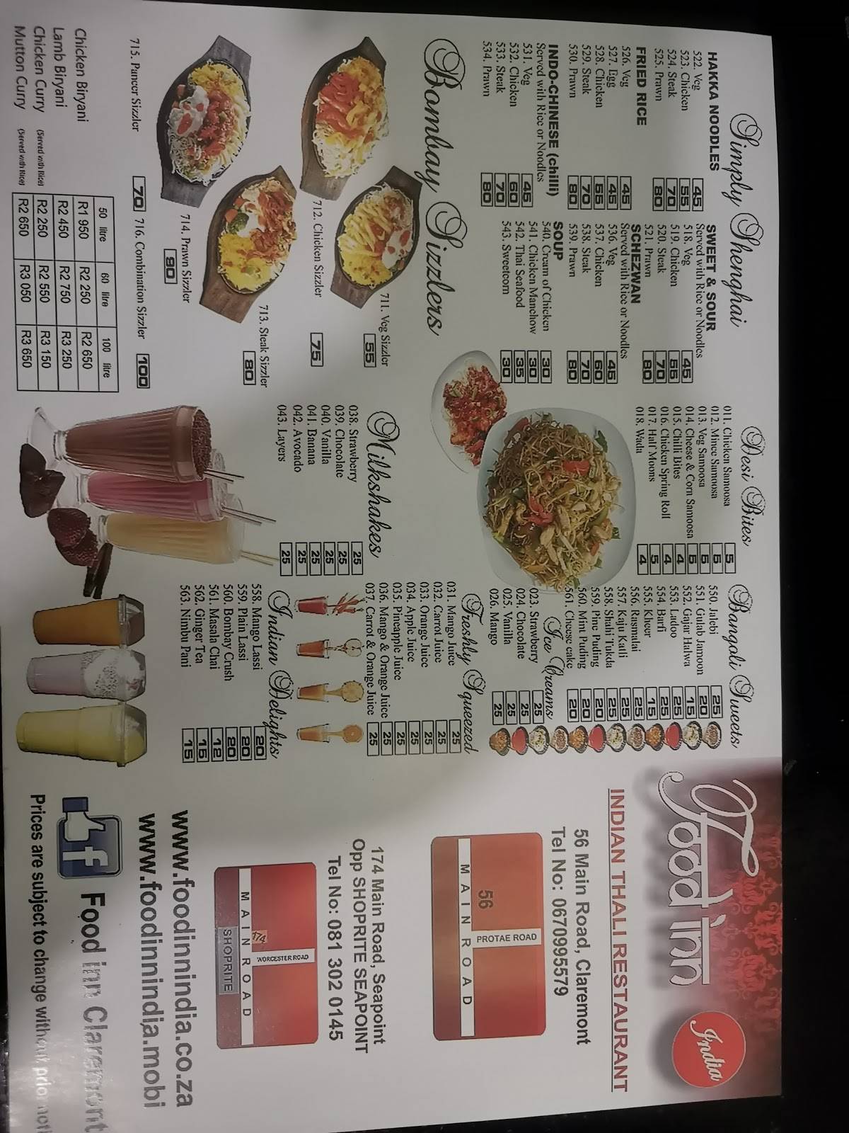 Menu at Food Inn Claremont restaurant, Cape Town, 135 Main Rd