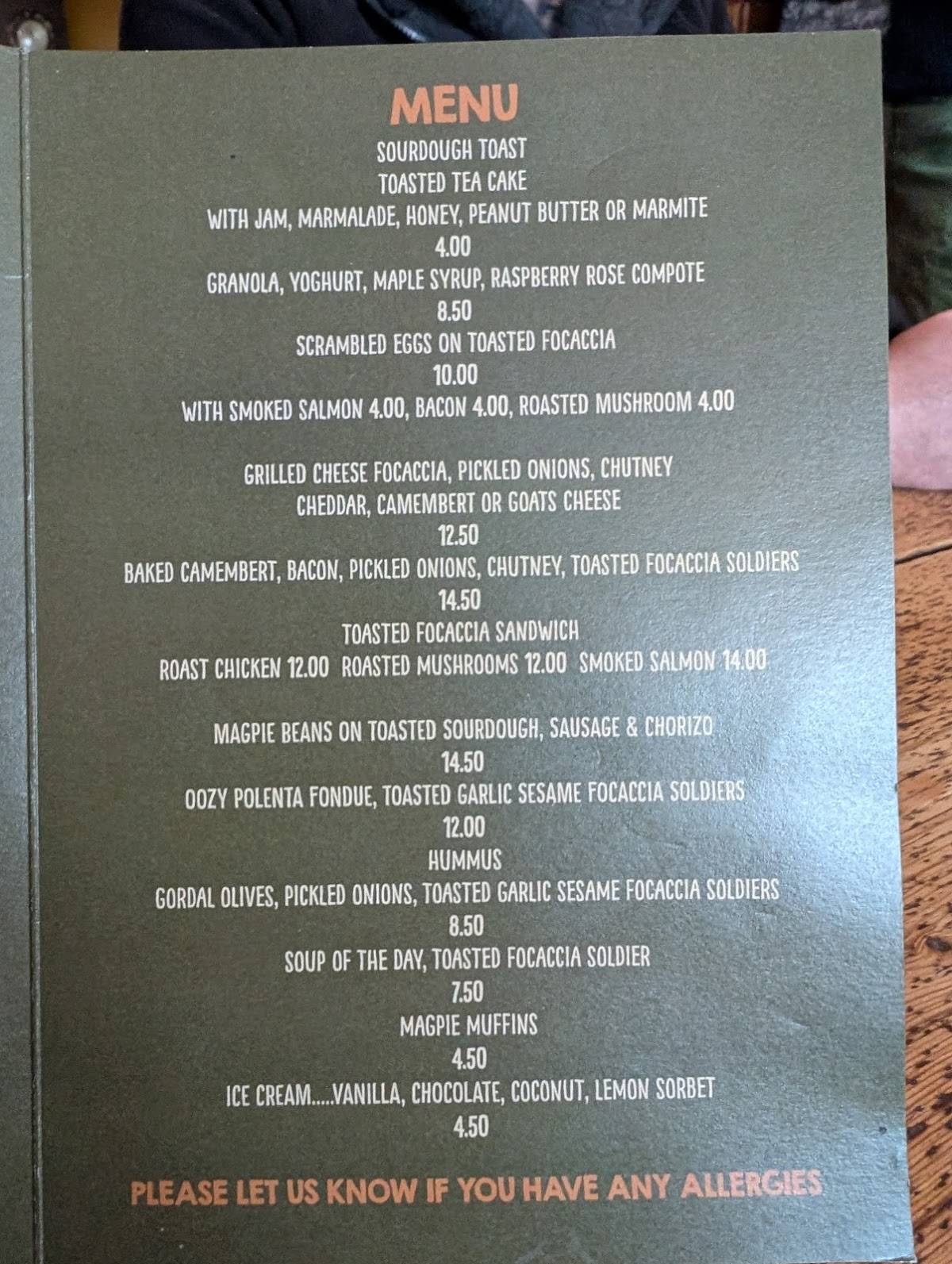 Menu at Food Magpie cafe, Swindon