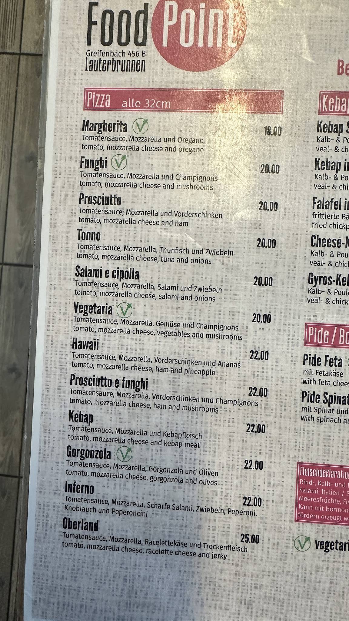 Menu au Food Point Kebap Lauterbrunnen, Lauterbrunnen