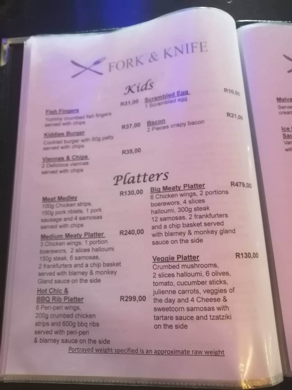 Menu at Fork and Knife Restaurant, Hartbeespoort