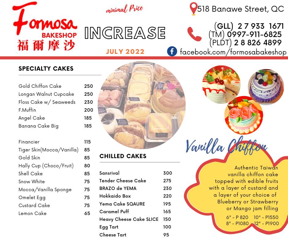Menu at Formosa Bakeshop, Quezon City, 518 Banawe St