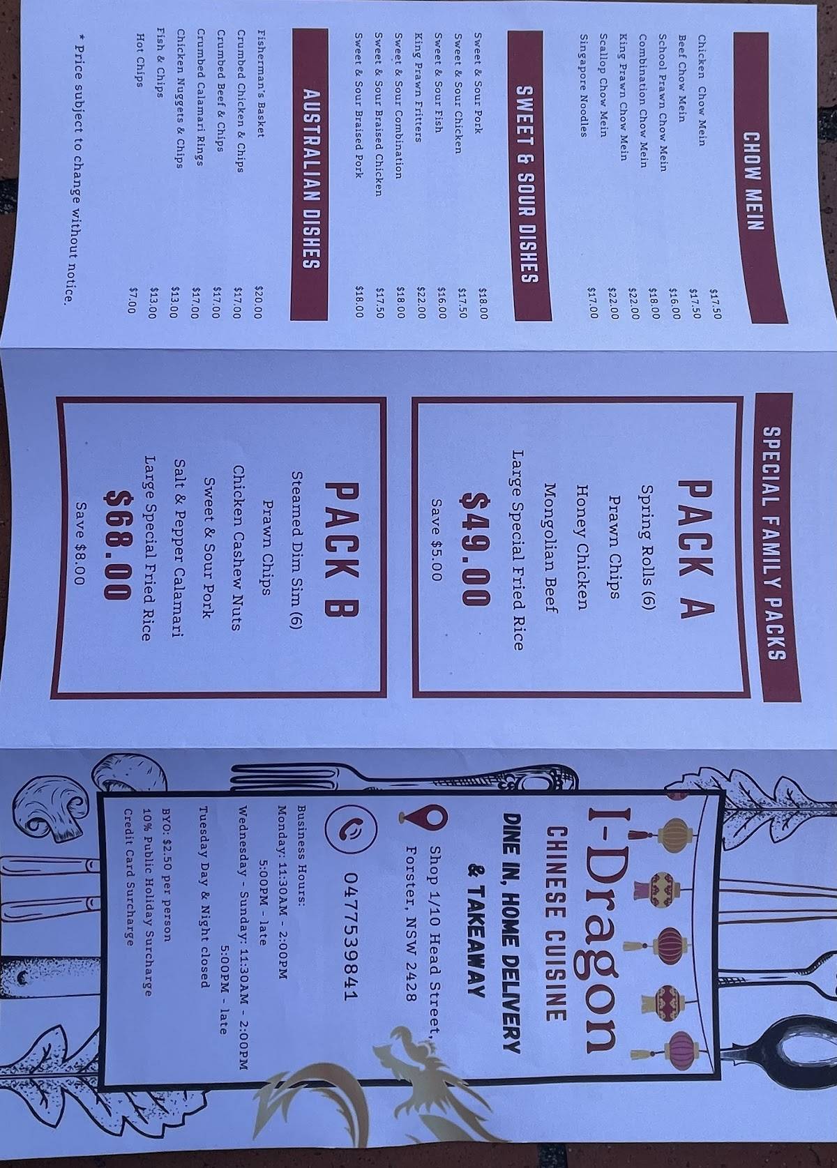 Menu at I Dragon Chinese Cuisine restaurant, Forster