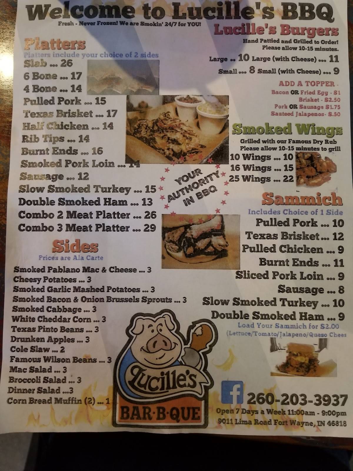 Menu at Lucille's BBQ, Fort Wayne
