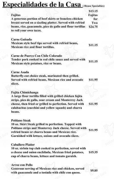 Menu at Pulido's Mexican Restaurant, Fort Worth, Pulido St