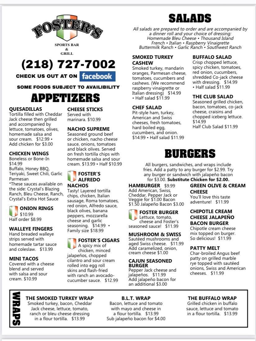 Menu at Foster's Sports Bar & Grill, Hermantown