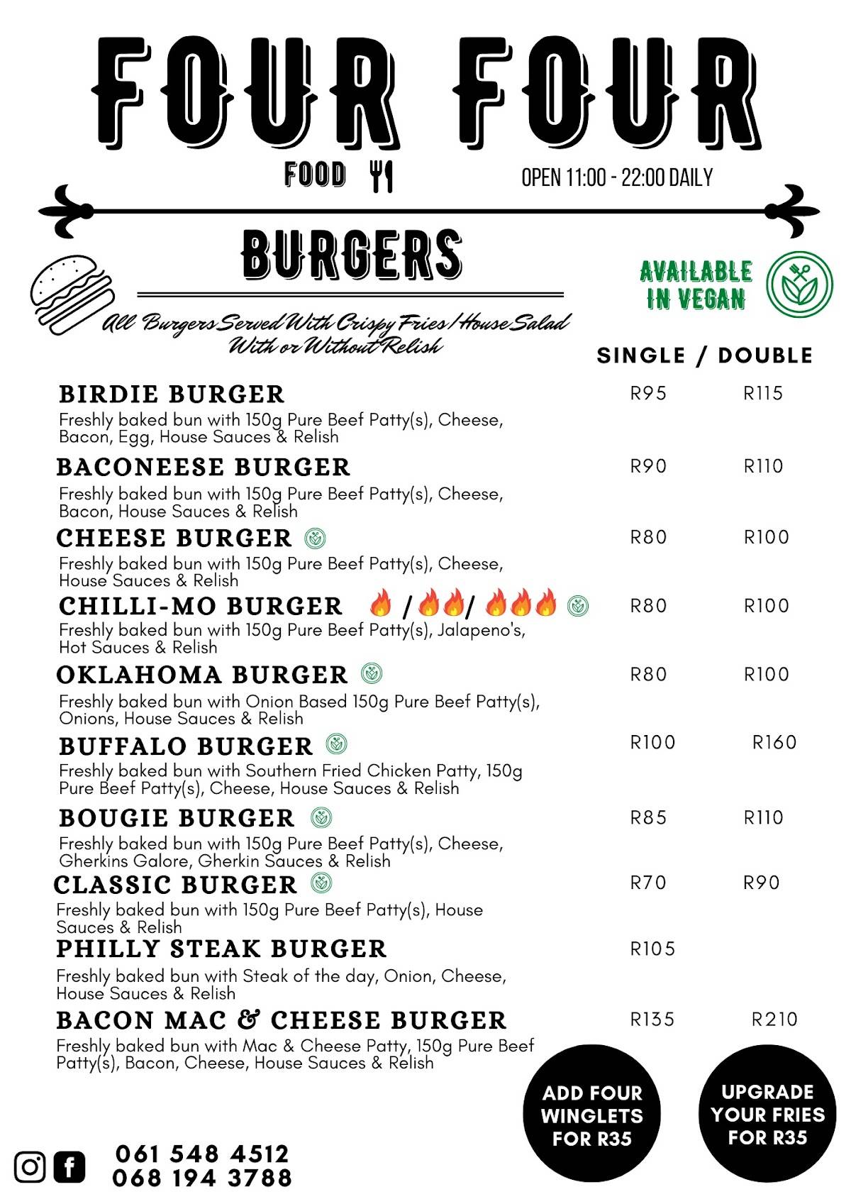 Menu at Four Four Bar & Restaurant, Bloemfontein