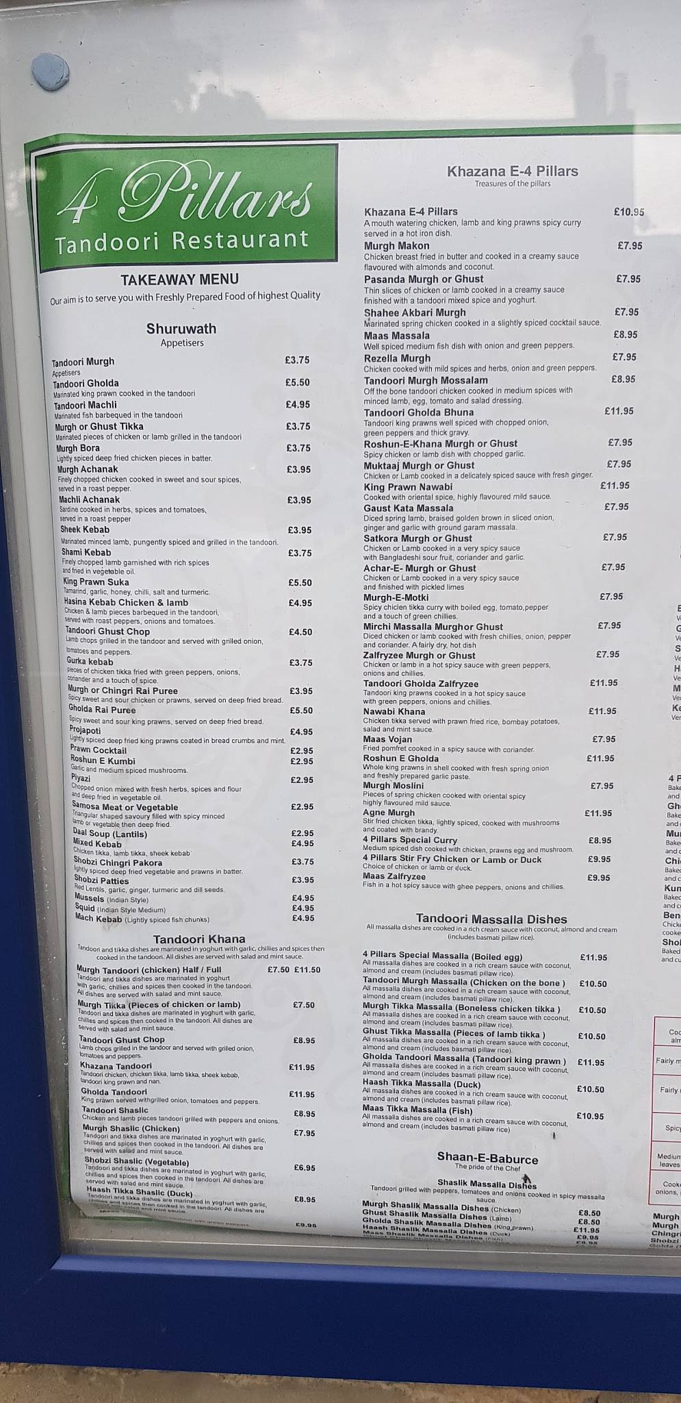 Menu at Four Pillars Indian restaurant, Olney