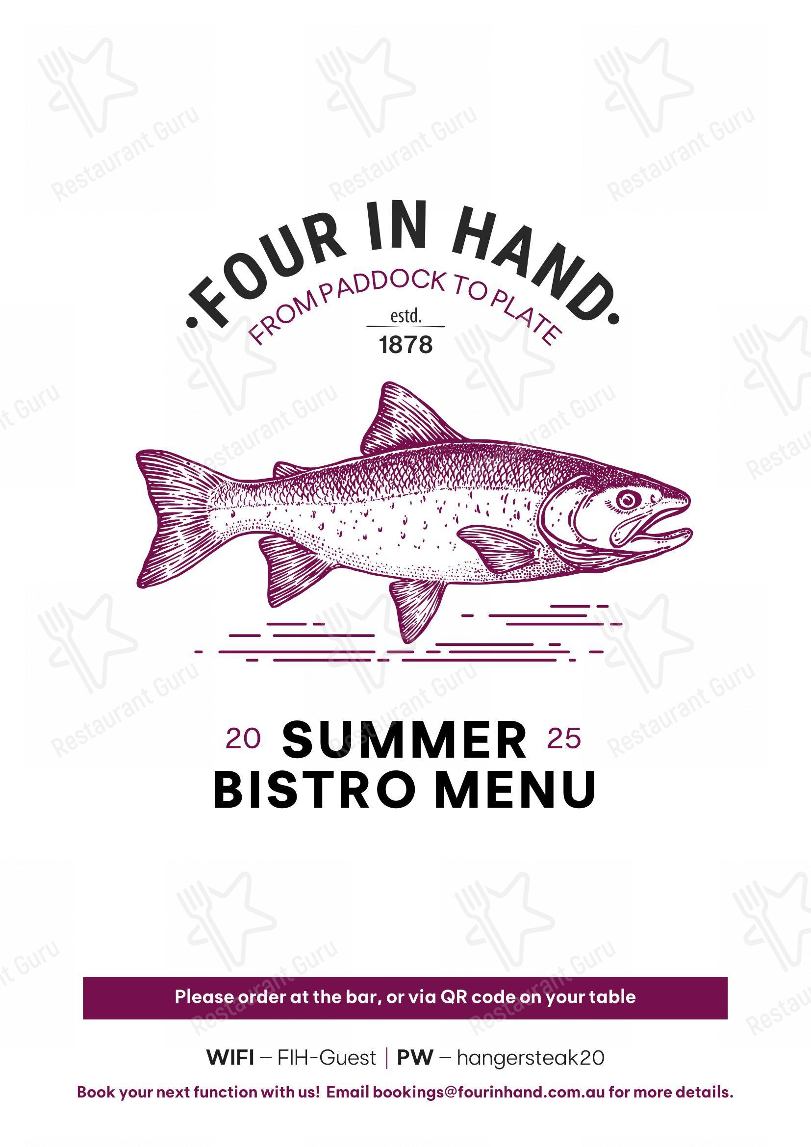 Menu at Four in Hand Hotel pub & bar, Paddington, 105 Sutherland St