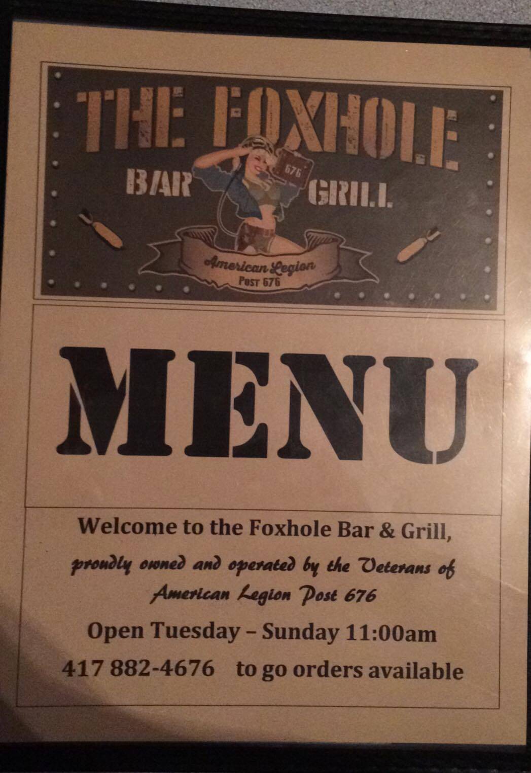 Menu at Foxhole Bar and Grill, Springfield, 2350 N Clifton Ave