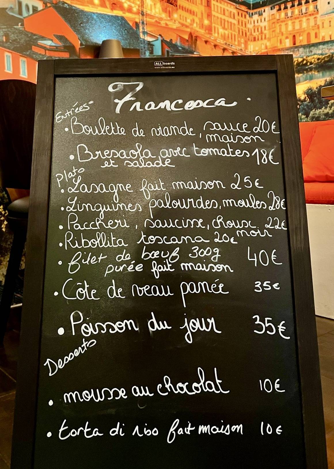 Menu at Francesca restaurant, Cassis
