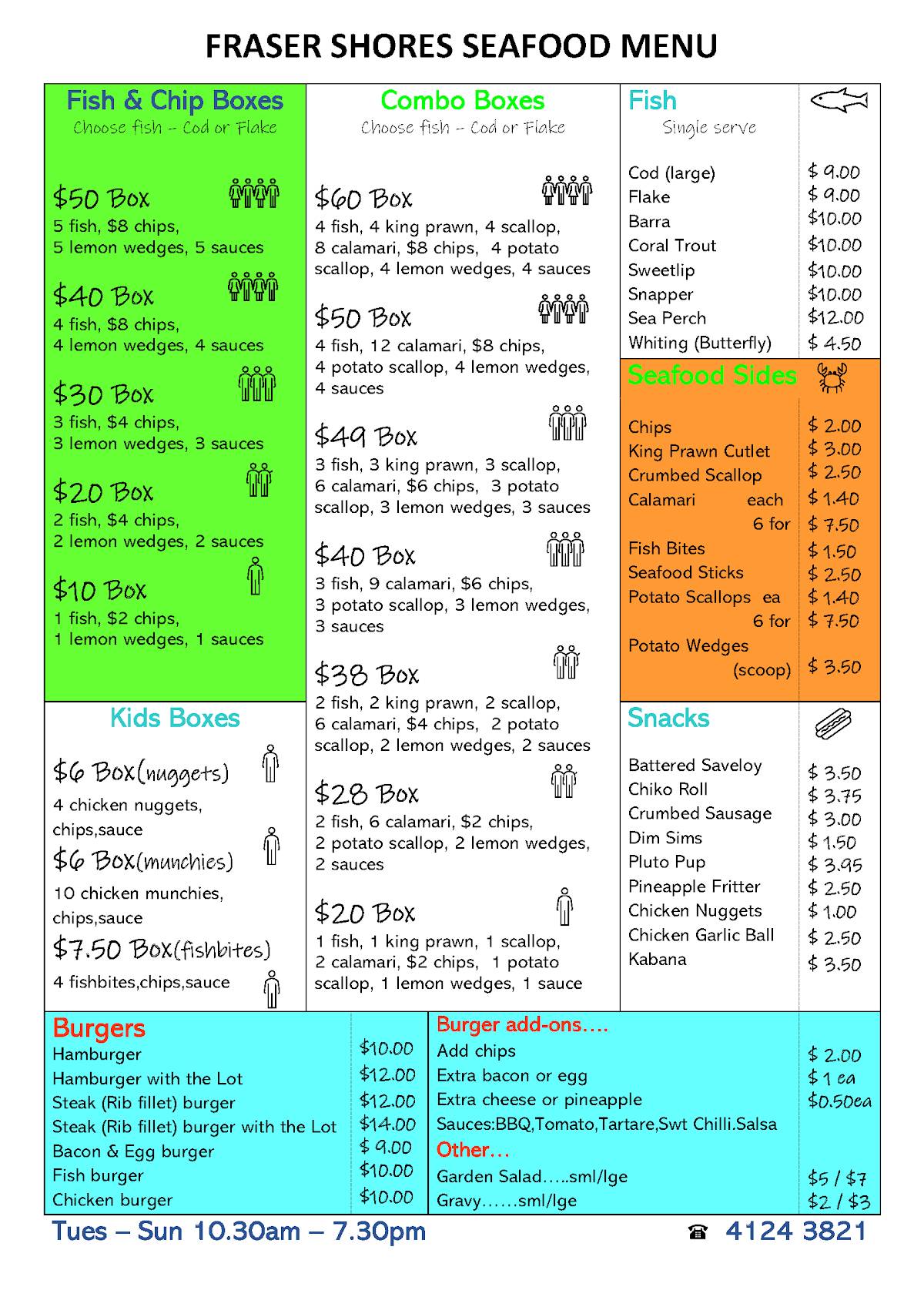Menu at Fraser Shores Seafood fast food, Pialba, Boatharbor Drive