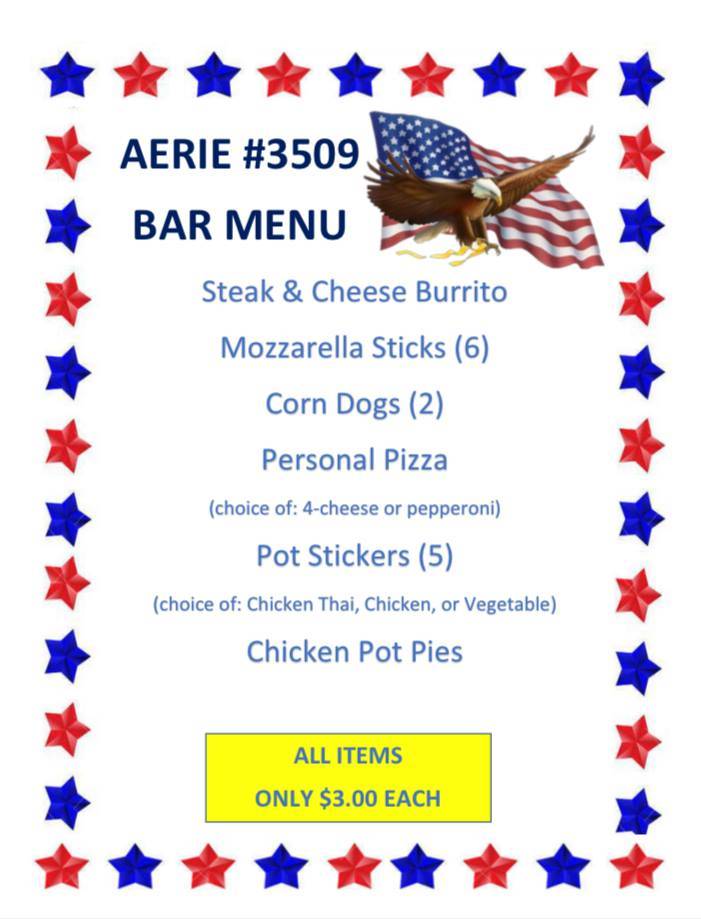 Menu at Fraternal Order of Eagle 3509 pub & bar, Gaithersburg
