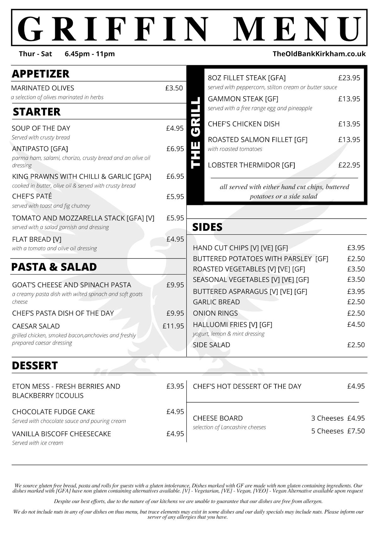 Menu at The Old Bank (Kirkham) restaurant, Freckleton