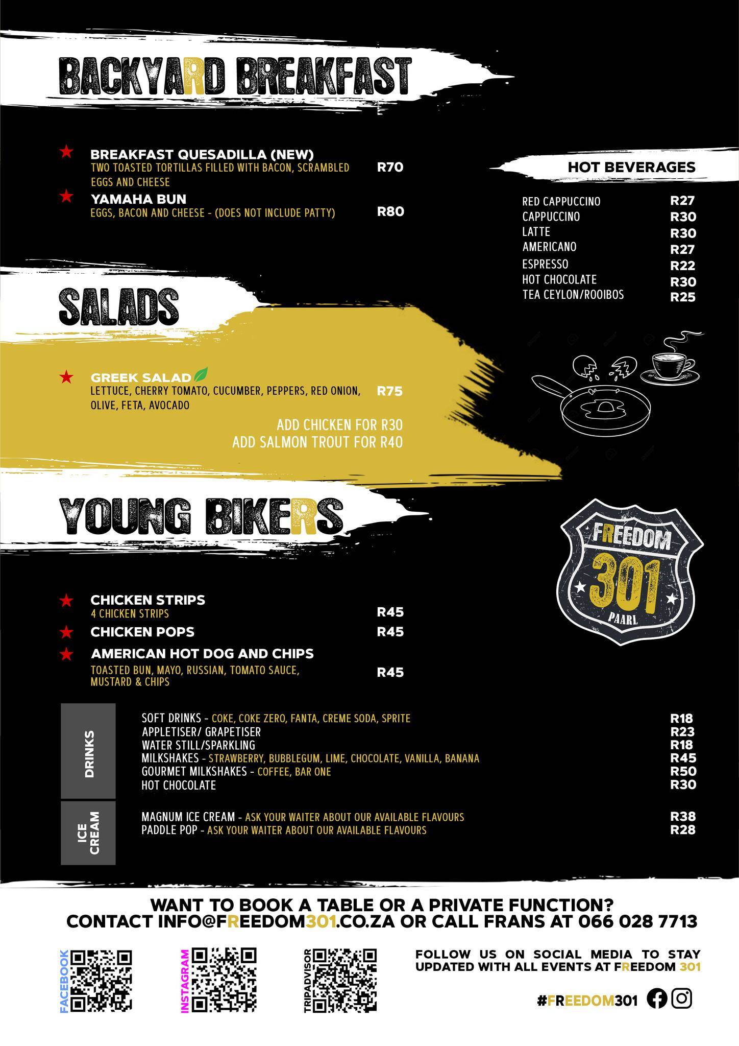 Menu at Freedom 301 restaurant, Cape Town, Farm Hartebeeskraal