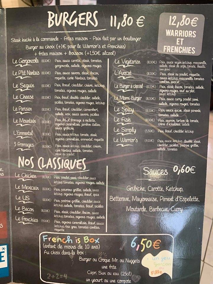Menu au French Is Burger restaurant, Sucé-sur-Erdre