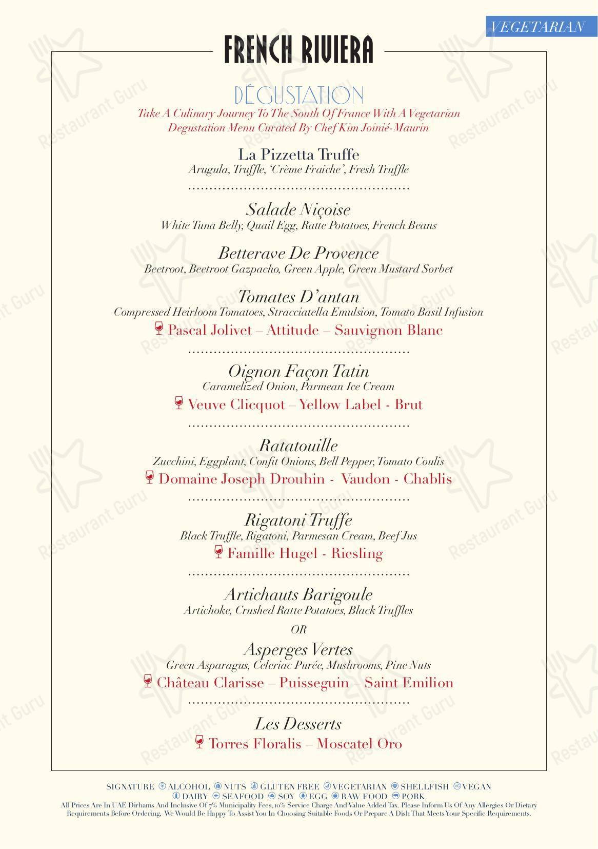 Menu at French Riviera restaurant, Dubai