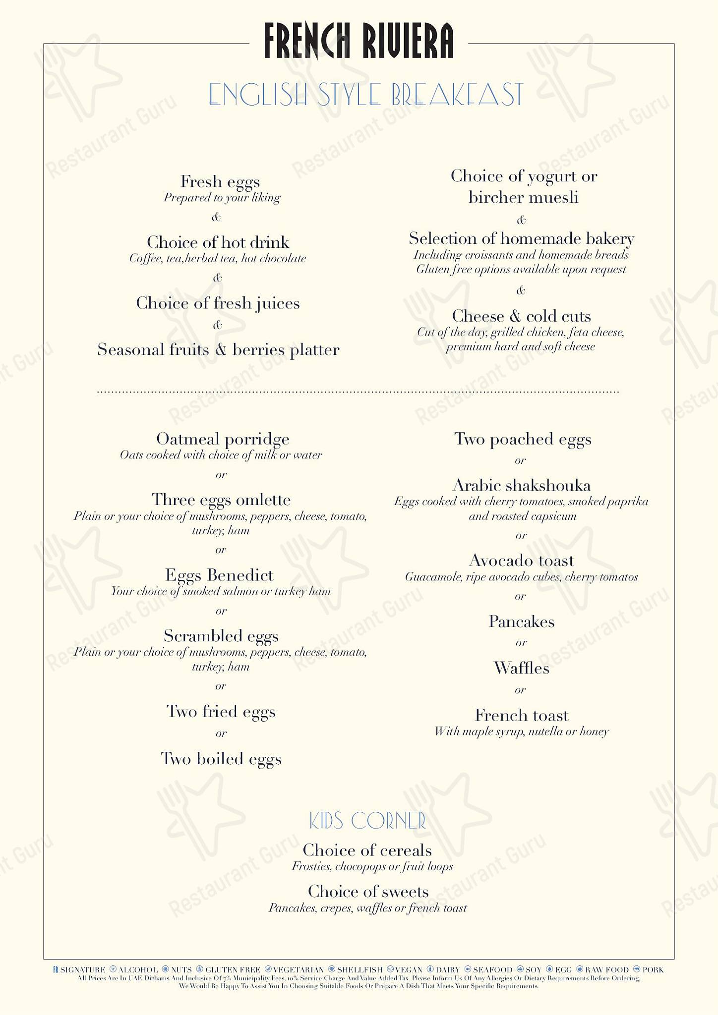 Menu at French Riviera restaurant, Dubai