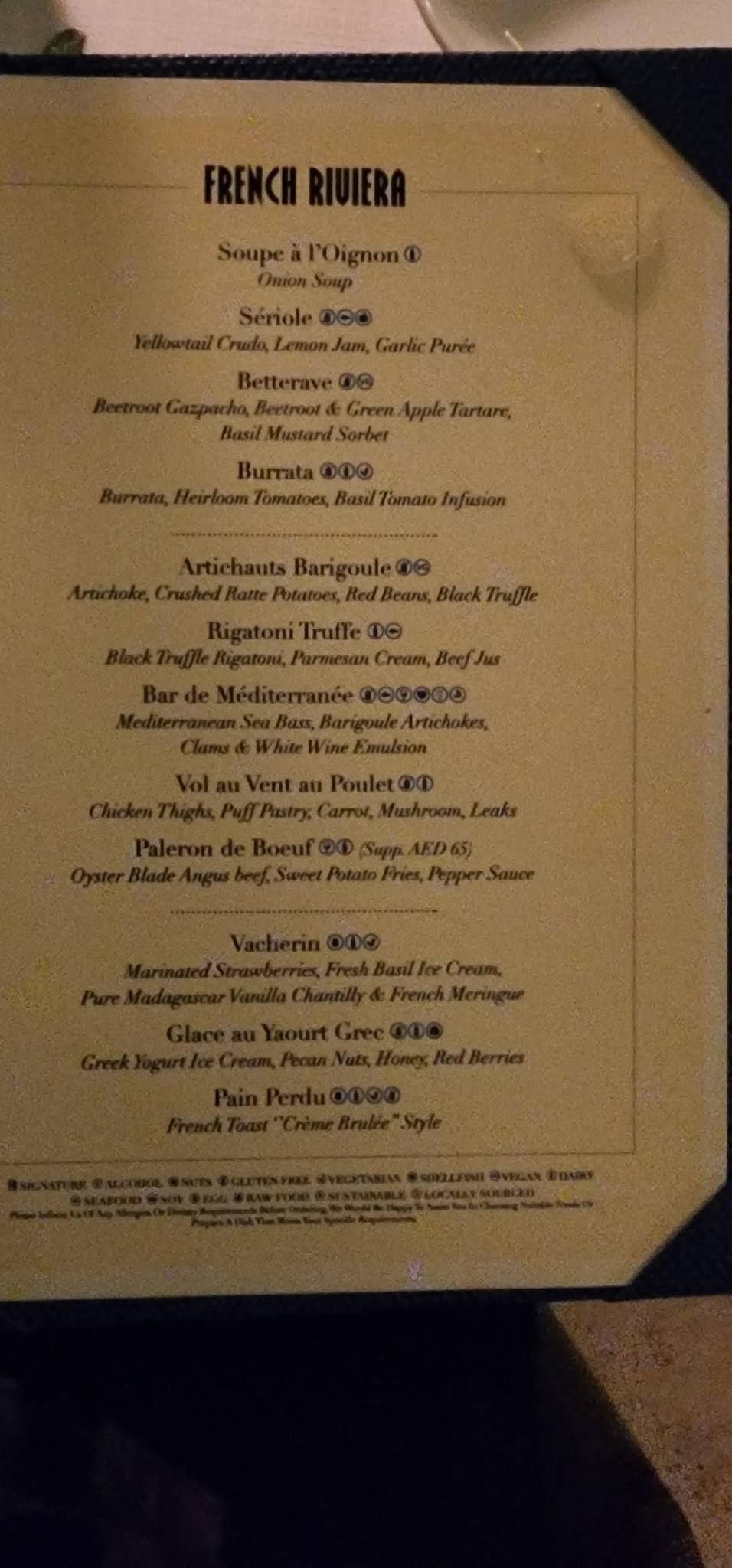 Menu at French Riviera restaurant, Dubai