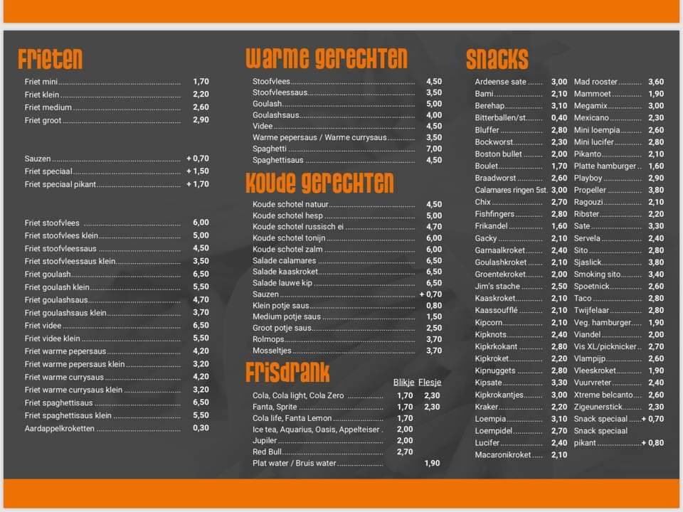 Menu at Frituur 2000, Zonhoven