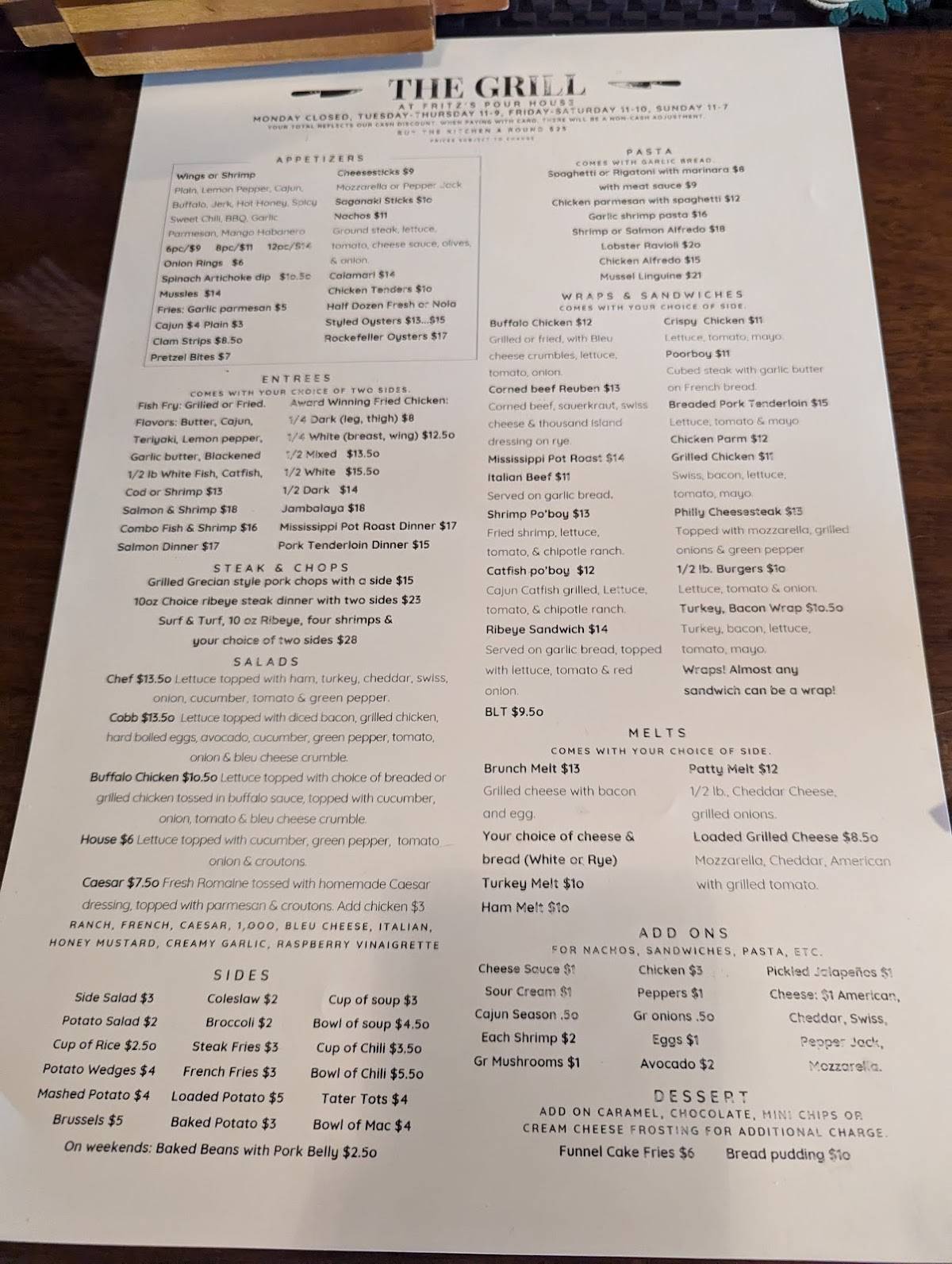 Menu at Fritz's Pour House Bar, Joliet