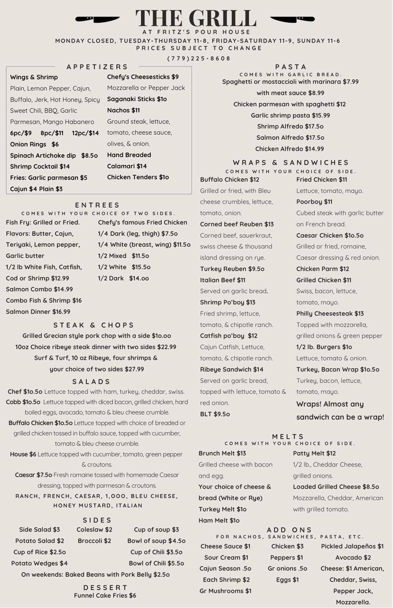 Menu at Fritz's Pour House Bar, Joliet