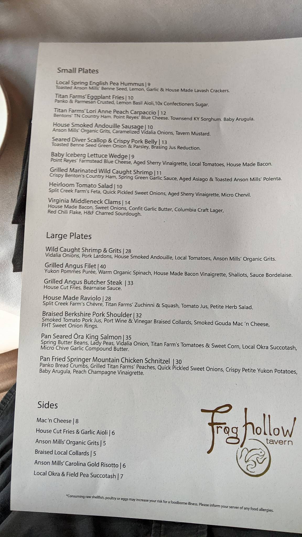 Menu at Frog Hollow Tavern pub & bar, Augusta